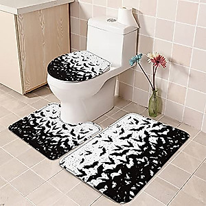 Fancyine 3 Pieces Bath Rugs Sets Halloween Spooky Flying Bats Soft Non-Slip Absorbent Toilet Seat Cover U-Shaped Toilet Mat for Bathroom Decor Black White