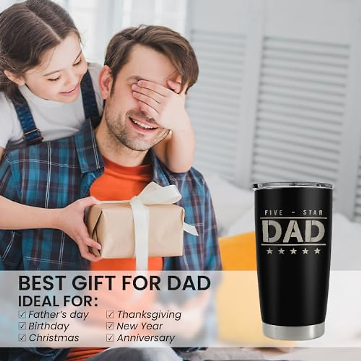 SANDJEST Five-star Dad Tumbler with Lid - Best Dad 20oz Insulated Stainless Steel Mug - Coffee Cup for Travel Sport Outdoor Activities Office, Gift for Birthday Father's Day