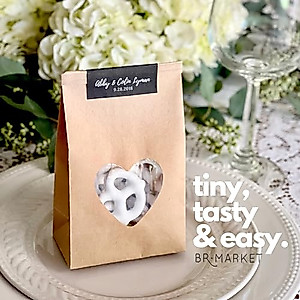 BR Market Kraft Paper Treat Bags - Extra Small with Heart Window, 50 Pcs, 3.3 x 5.5 x 2 Inch, Tin Tie Tab Lock, Brown Window, Perfect for Cookies, Coffee, Weddings