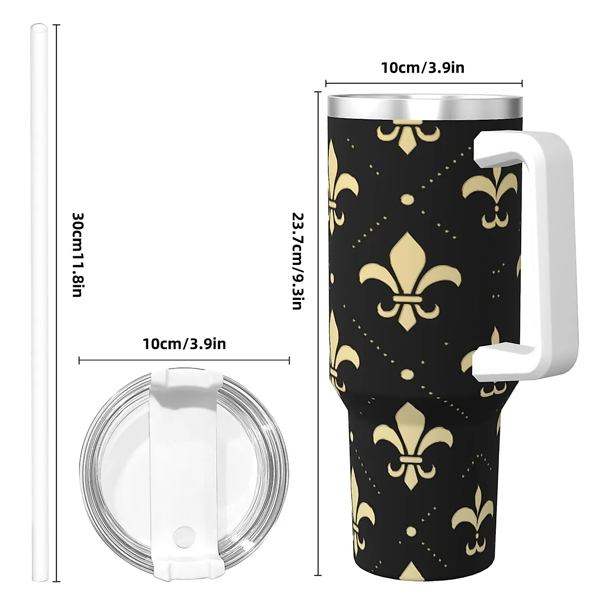 allgobee 40oz Stainless Steel Travel Mug With Handle,Fleur-De-Lis-Gold Insulated Coffee Tumbler With Lid And Straw
