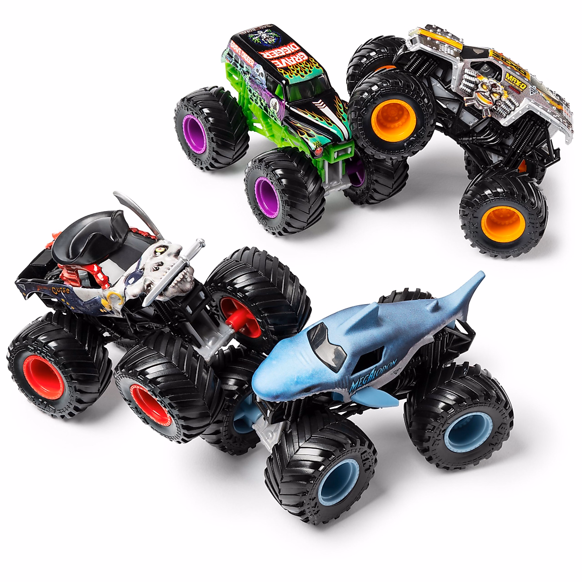 Monster Jam, Land vs. Sea 4 Pack Monster Trucks (Grave Digger, Max-D, Megalodon, and Pirate’s), 1:64 Scale, Kids Toys for Boys and Girls Ages 3 and up