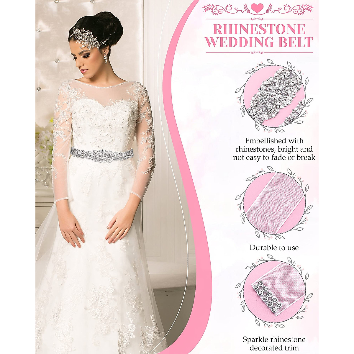 Sintege 3 Pcs Rhinestone Wedding Dress Belts Crystal Bridal Sash Belts Diamond Ribbon Belts for Women Bridal Bridesmaid