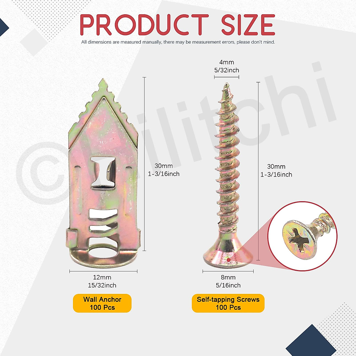 Hilitchi 200Pcs Self Drilling Drywall Anchors with Screws Easy Application No Drill or Holes in Wall, 66 Lbs, 12 x 30mm-100Pcs Anchors and 100Pcs Screws (Metal Anchors)