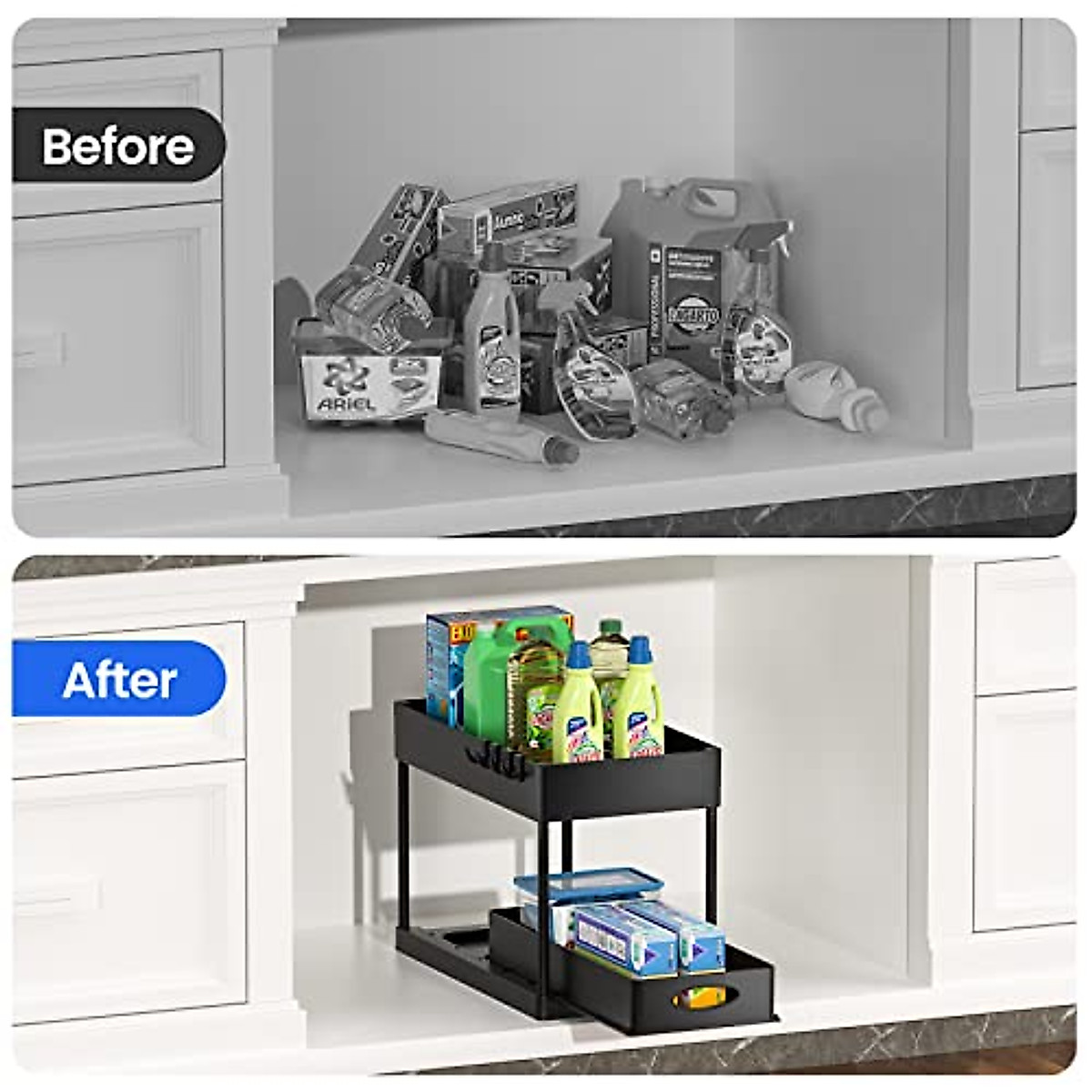 Under Sink Organizers and Storage, 2 Tier Under Sink Organizer Multi-Purpose Bathroom Sink Organizer Sliding Drawer Sink Organizers with Hooks for Kitchen Bathroom Organizer