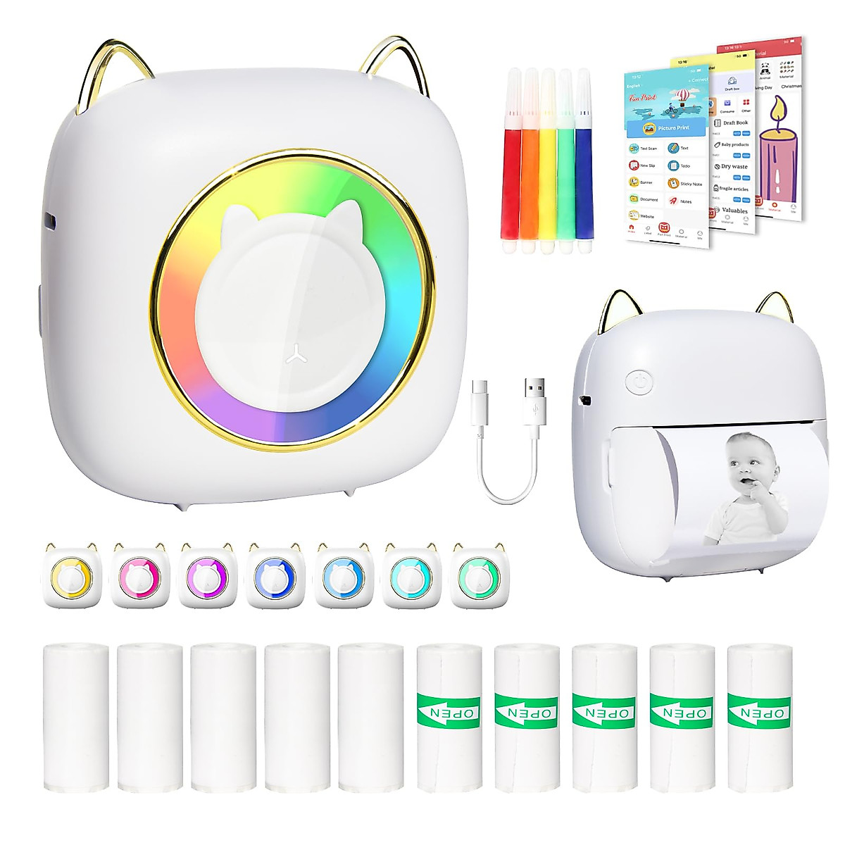 TXFTRR Mini Pocket Printer - Portable Thermal Printer with Light & 5 Colorful Pens, 5 Rolls Thermal Paper and 5 Rolls Adhesive Sticker Paper, Inkless Sticker Printer for Photo Journal Notes