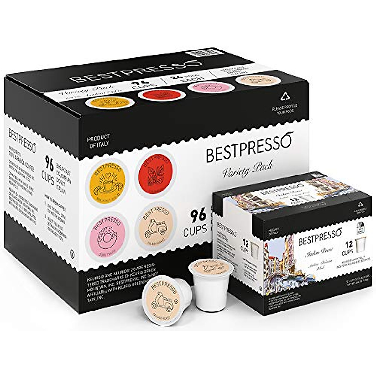 Bestpresso Coffee, Variety Pack Single Serve K-Cup Pods, 96 Count. Includes Breakfast, Colombian, Donut and Italian (Compatible With 2.0 Keurig Brewers) 8 Packs Of 12 Cups