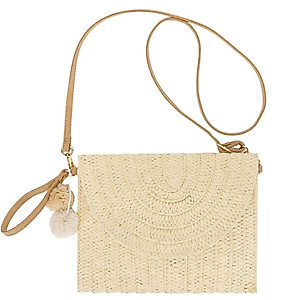 Straw Shoulder Bag Straw Clutch Straw Crossbody Bag Handmade Straw Beach Bag for Women Envelope Purse Wallet with Hand-woven Pompom (Creamy White)
