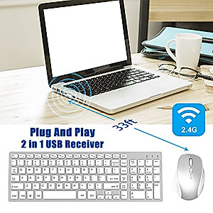 Wireless Keyboard and Mouse Combo Rechargeable USB Cordless Slim Compact Keyboard with Numeric Keypad and Ergonomic Silent Computer Mouse Set for Windows,PC,Laptop,MacBook,Chromebook-Silver White