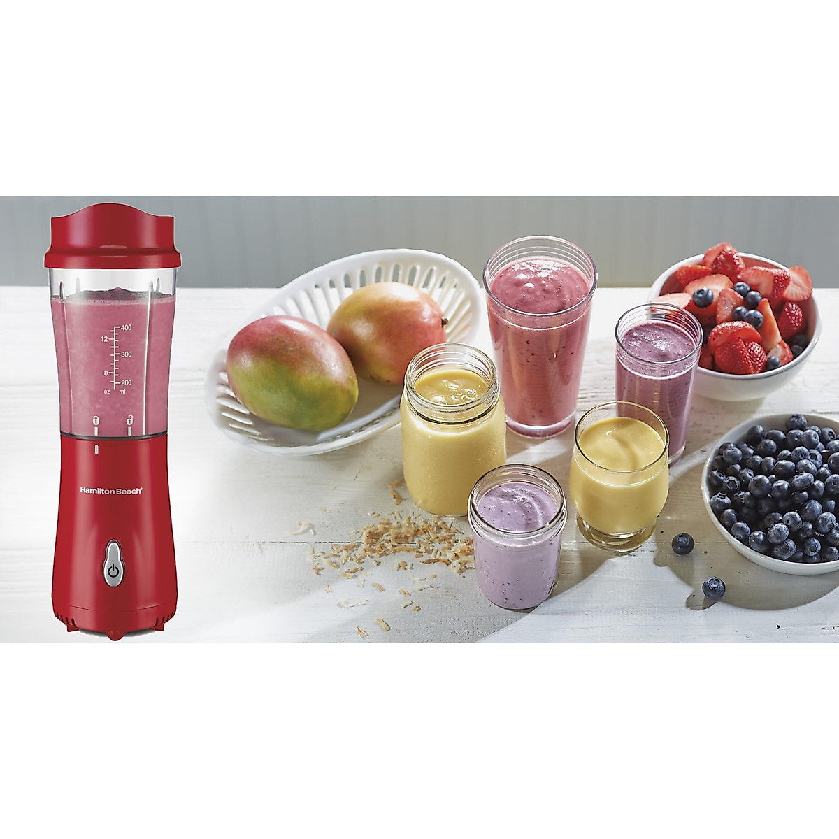Hamilton Beach Portable Blender for Shakes and Smoothies with 14 Oz BPA Free Travel Cup and Lid, Durable Stainless Steel Blades for Powerful Blending Performance, Red (51101RV)