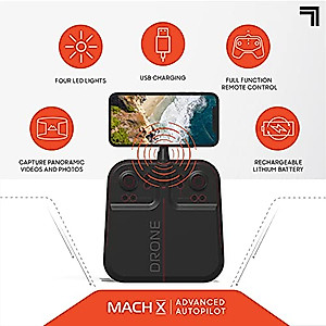Sharper Image 10” Mach X Long Range Drone with Streaming Camera, LED Lights, 2.4 GHz, Auto-Orientation, Assisted Landing and Gyro Stabilization Control, Capture Panoramic Videos, Rechargeable Battery, 1 Count(Pack of 1)