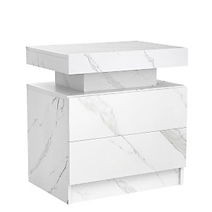 DobleCliCli LED Nightstands, Modern End Side Table with 2 Drawers, LED Bedroom Furniture for Bedroom and Living Room, White Marble Pattern