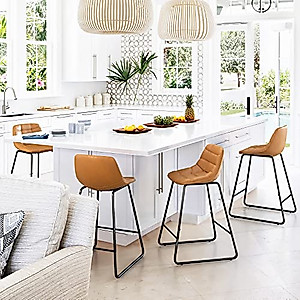 LUE BONA Counter Height Bar Stools, Indoor/Outdoor Mid Century Modern Upholstered Checkered Pattern Leather Dining Chair with Metal Legs, 24" Bar Stools Set of 4, for Kitchen Island, Whiskey Brown