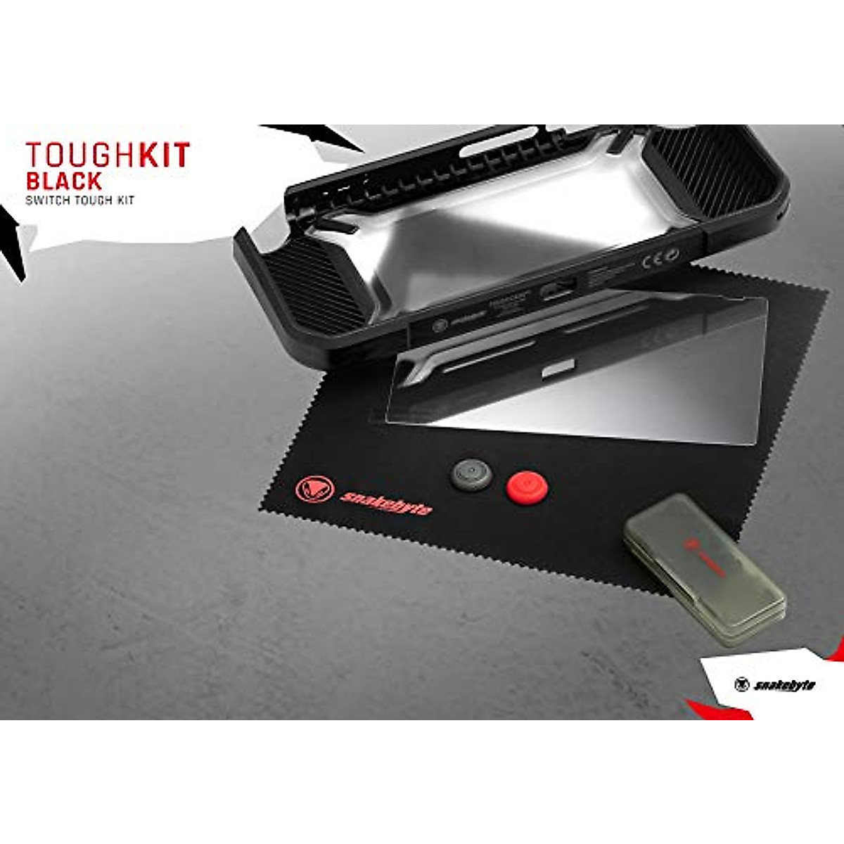 Snakebyte Tough Kit - Accessory Set Including Rubber Hard Case H9 Glass Protector Cleaning Cloth Thumb Grips Game Hard Case for Nintendo Switch - Black - Nintendo Switch