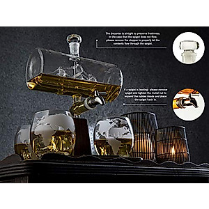 Whiskey & Wine Decanter Gifts for Men & Dad, Ship Decanter 1000ml, Set with 4 Globe Drinking Glasses - Cool Liquor Dispenser for Home Bar Unique Birthday Gift Ideas from Wife, Daughter, Son Present