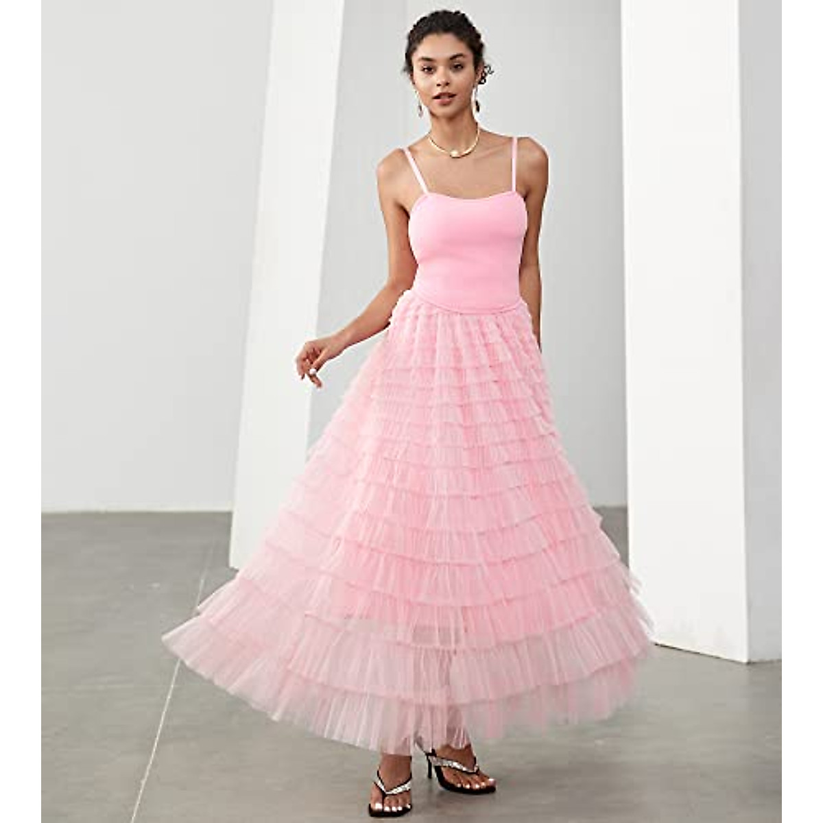 Women's Tulle Maxi Dress Spaghetti Strap Layered Fluffy Ruflfle Prom Birthday Party Long Dress