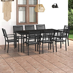 vidaXL Outdoor Garden Dining Set, 9-Piece Patio Furniture Steel Frame with Glass Tabletop and Textilene Upholstered Chairs – Black and Anthracite Color, Assembly Required
