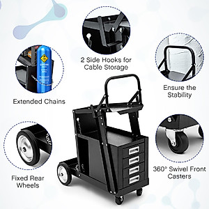 Therwen Welding Cart, 2 Tier Welder Cart with 4 Drawers, 396.8 lbs Weight Capacity, Heavy Duty Rolling Welder Cart on Wheels, Tank Storage Safety Chains for Welder and Plasma Cutter