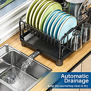 Gsiekare Large Dish Drying Rack, Expandable Dish Rack Kitchen Sink Organizer, Dish Drainer with Cutlery & Cup Holders for Kitchen Organization, Anti-Rust Drying Rack for Kitchen Counter White