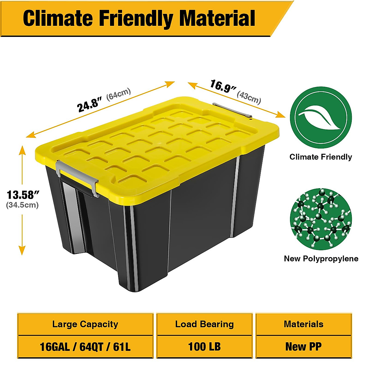 BROVIEW V12 16Gal Heavy Duty Storage Bins with Latching Lids, Stackable Plastic Tough Tote Containers with Handles for Tools Camping Hunting Sporting Goods Organizing (Black Base/Yellow Lid, 4Pack)