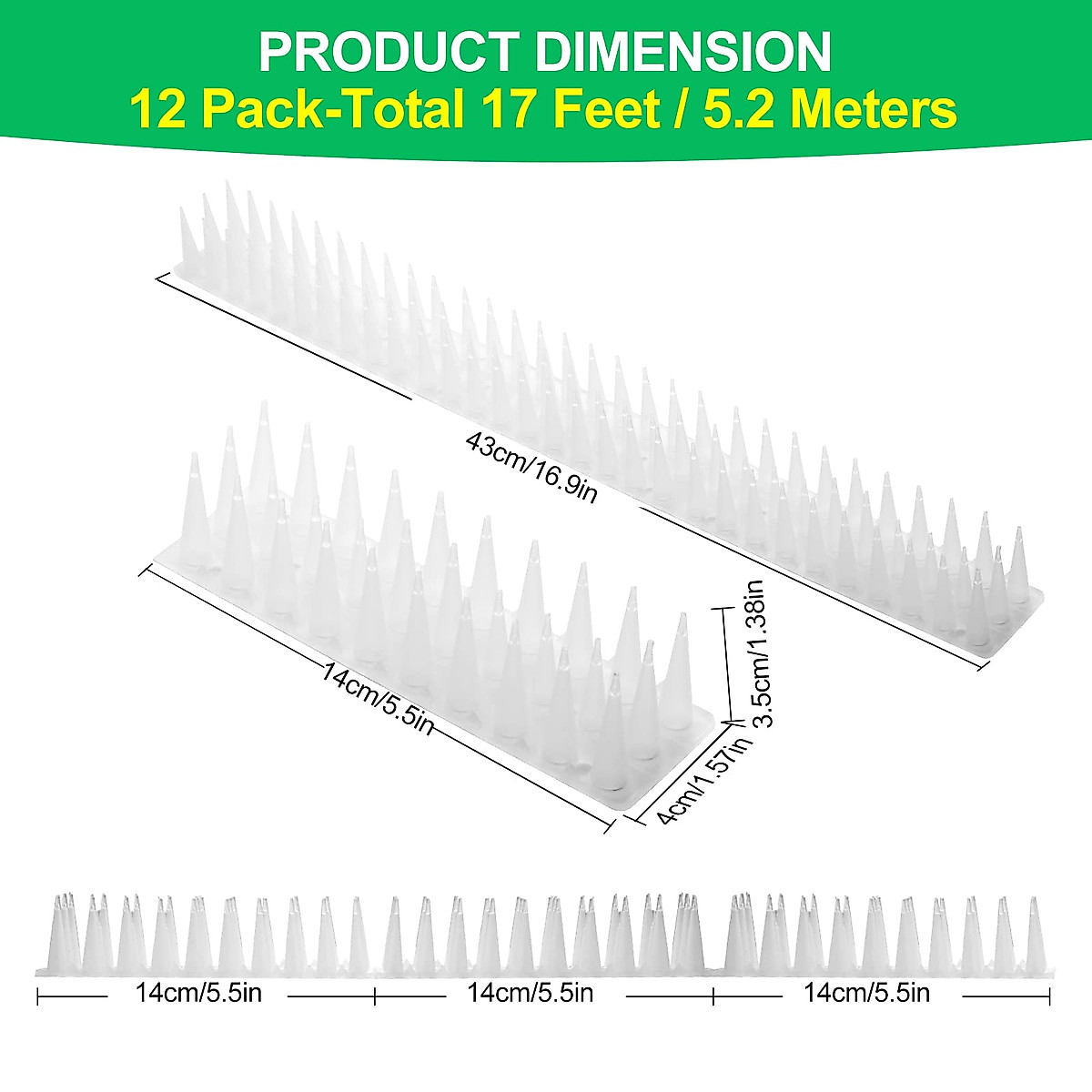 Bird Spikes, Bird Deterrent Spikes for Squirrel Raccoon Small Birds, Defender Spikes, Pigeon Spikes, Outdoor Anti Climb Anti Bird Fence Spikes for Roof, Windowsill, Covers 17 Feet(5.2m) - 12 Pack