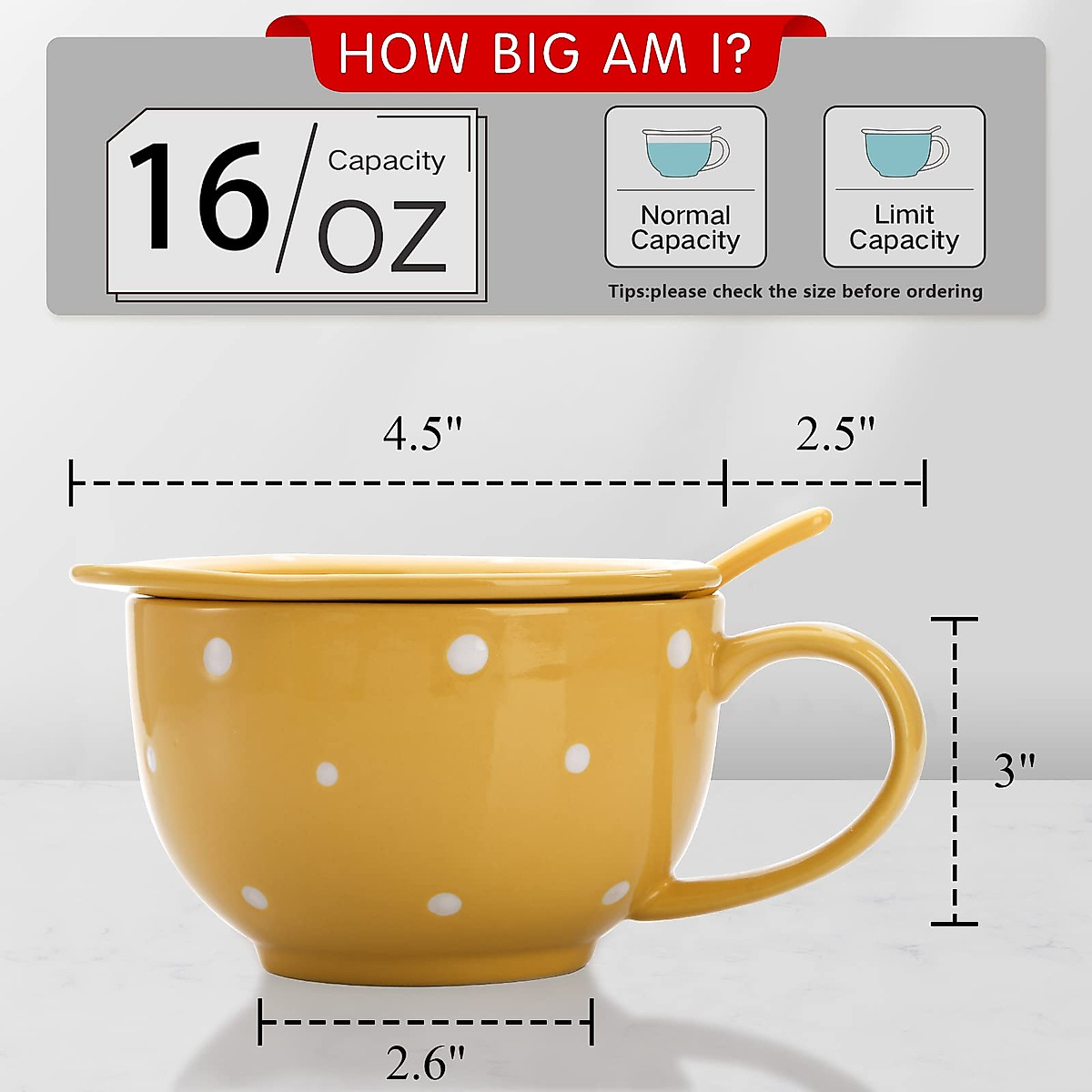 Youeon Set of 2 Jumbo Coffee and Soup Mug Set, 16 Oz Porcelain Oatmeal Mug with Lid and Spoon, Large Cereal Mugs, Multi Purpose Wide Mug for Breakfast, Cereal, Milk, Coffee, Hot Cocoa, Fruit