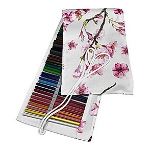 Ambesonne Cherry Blossom Roll Up Pencil Holder, Watercolor Style Oriental Pattern with Sakura Branch, Painting Drawing Pencils Case for Artists Students, 72 Loops, Hot Pink Green Brown