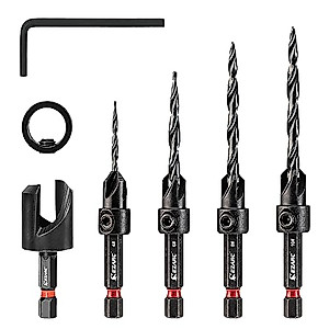 EZARC Wood Countersink Drill Bit Set, 4, 6, 8, 10 Tapered Drill Bits, with 1/4" Hex Shank, Counter Sinker Set for Woodworking and Carpentry