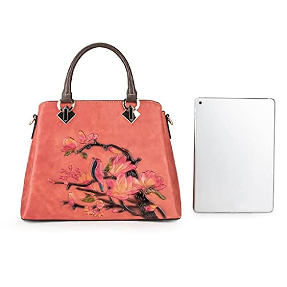 LDCHNH Fashion Genuine Leather Handbag Ladies Large Capacity Vintage Bag Floral Pattern Vintage Style Tote Bag