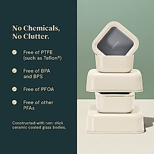 Caraway Glass Food Storage, 6.6 Cup Glass Container,Ceramic Coated Food Container,Easy to Store, Non Toxic, Non Stick Lunch Box Container with Glass Lids. Dishwasher, Oven,Square Shape,Cream