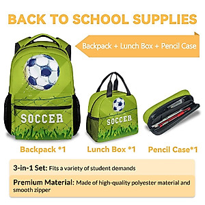Sharecolor Soccer Backpack with Lunch Box - Set of 3 School Backpacks Matching Combo - Cute Black Bookbag and Pencil Case Bundle