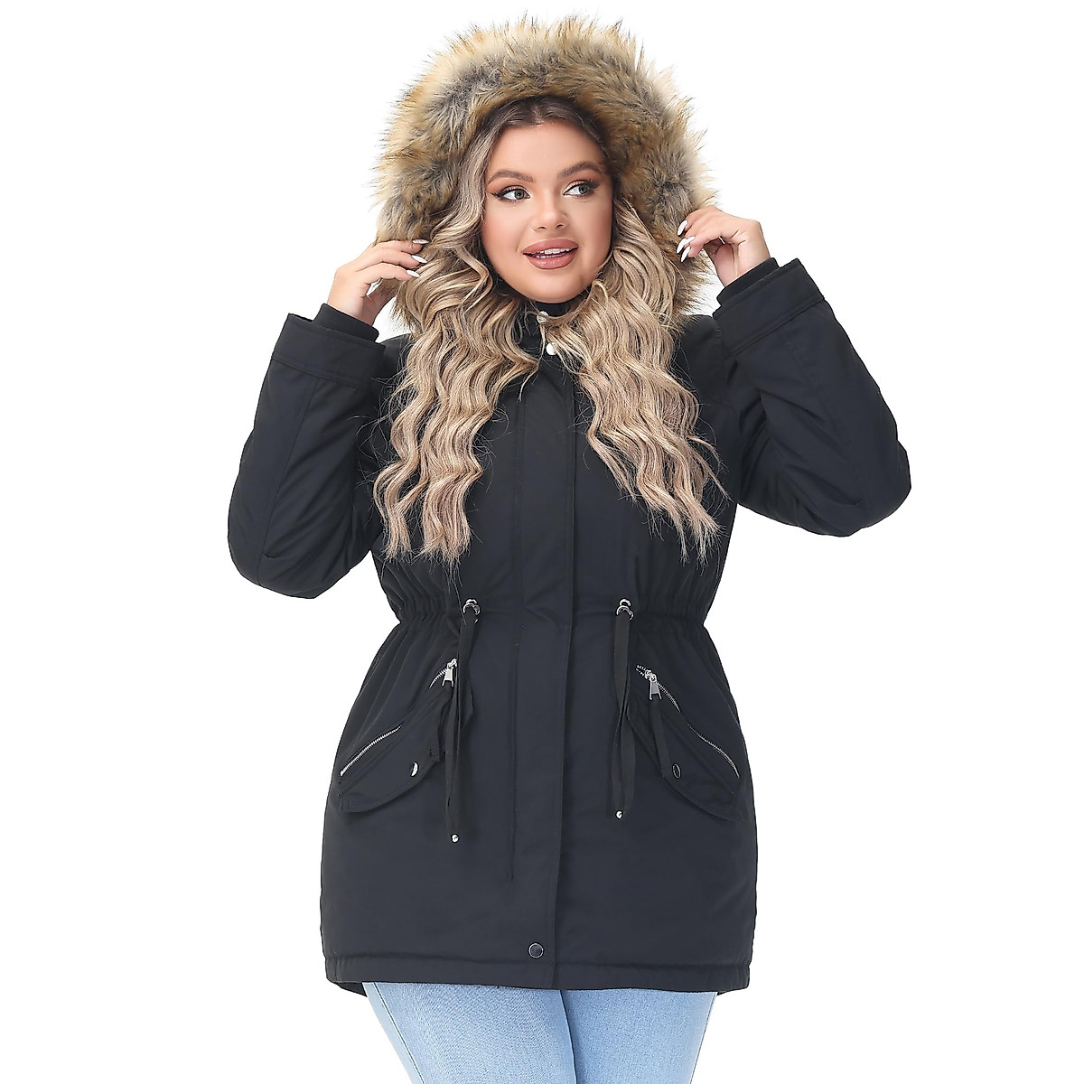 ROYAL MATRIX Women's Winter Coats Fleece Lined Parka Jacket Hooded Long Winter Warm Parka Coat with Pockets Black,8