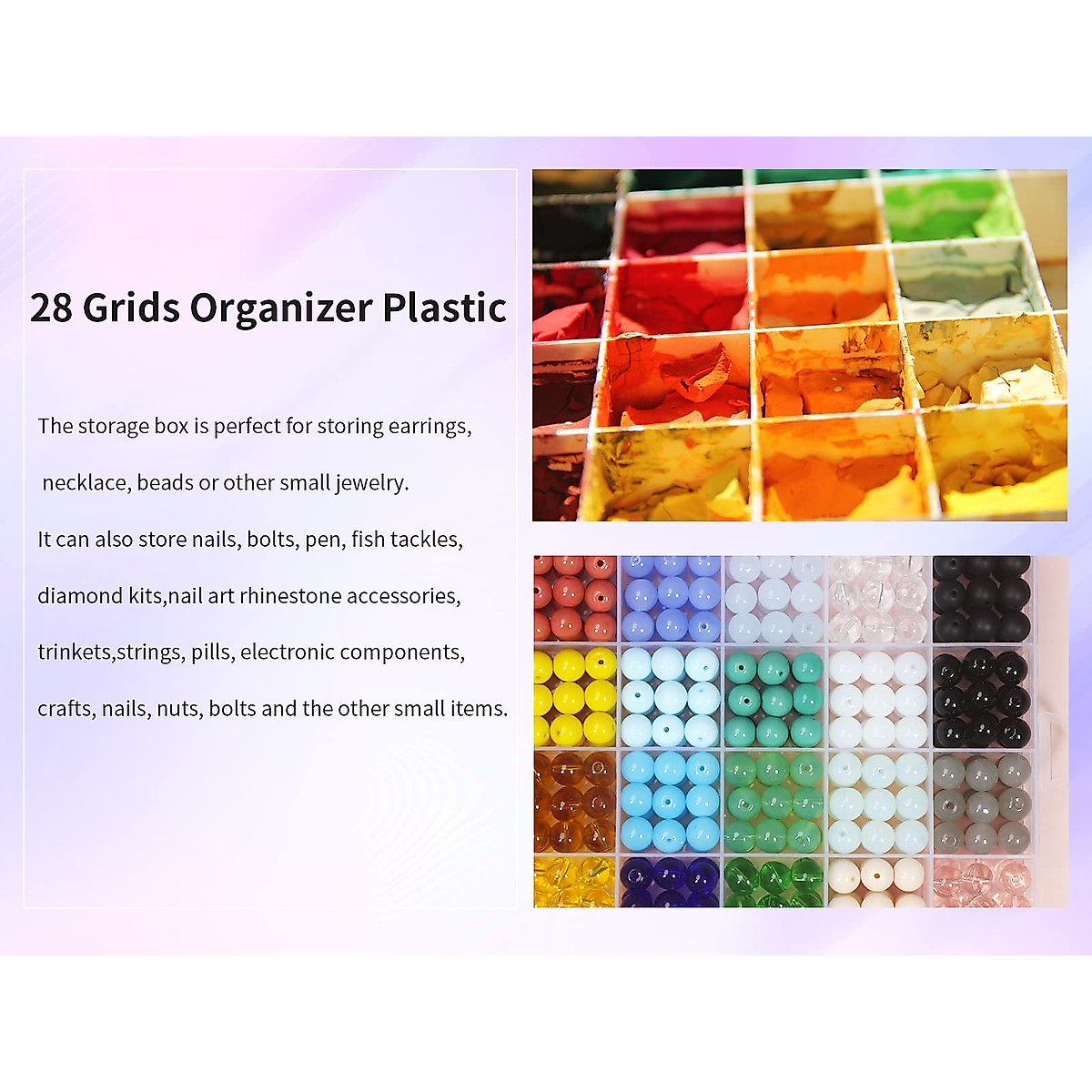 JESEP YONG 4Packs 28 Grids Bead Organizer Plastic Organizer Box with Fixed Dividers-Jewelry, Accessories, and Small Parts Container Clear Box for Jewerly Beads, Sewing, Drawing