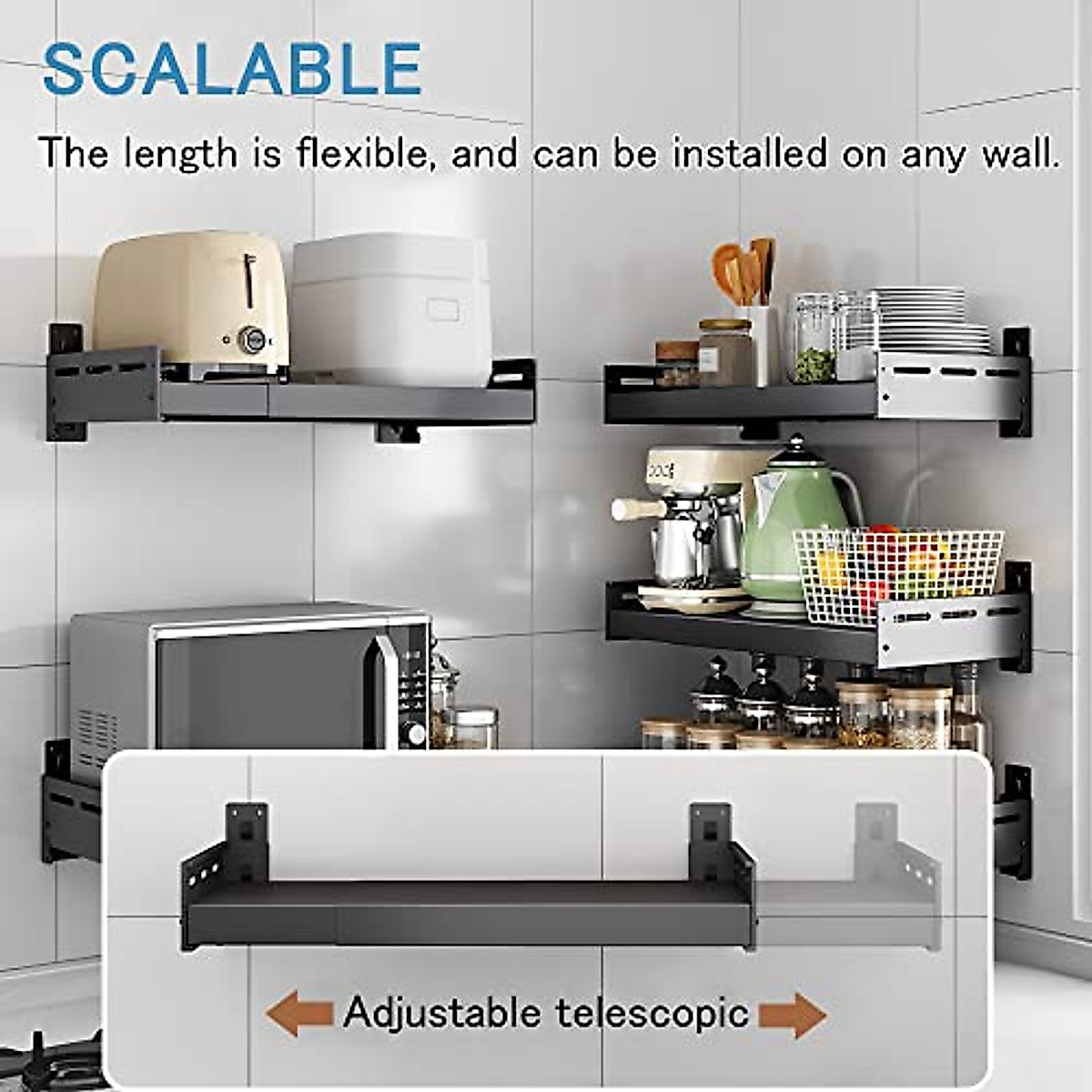 ECHLI retractable stainless steel wall rack, commercial storage rack, countertop multifunctional storage bracket, kitchen seasoning rack for electric oven microwave (13-26Black)