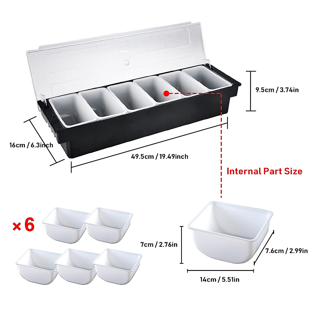 Bar Top Food Condiment Dispenser Container with Lid, Plastic Garnish Tray Station for Fruit, Veggie, Salad - Ice Cooled Topping Kitchen Organizer for Bar Home Restaurant Supplies & Serving (6 Tray)