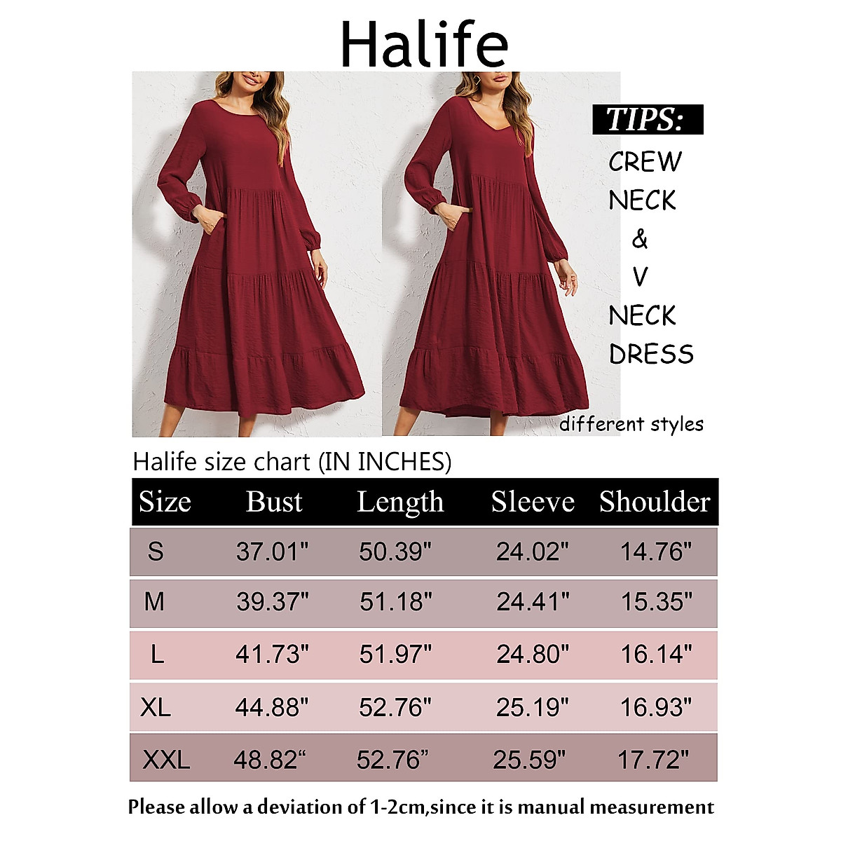 Halife Ladies Fall Dress Long Sleeve Ruffle A-line Flowy Maxi Dresses with Pockets Beige S