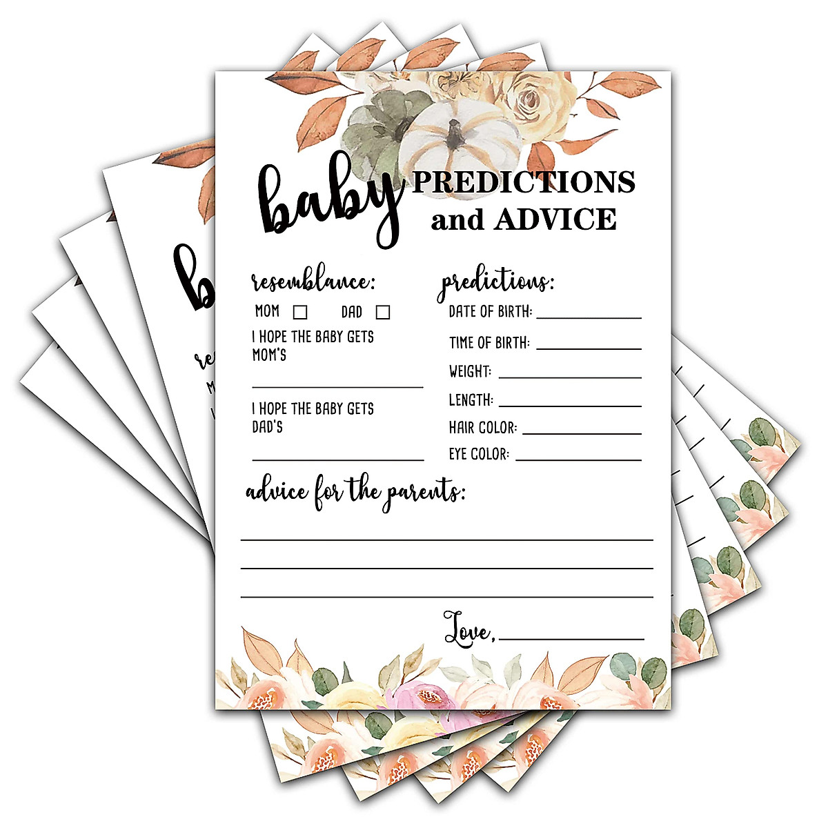 30 Double Side Baby Prediction And Advice Game Cards, Floral Pumpkin Thanksgiving Day Baby Shower Game Cards - 5" x 7"(01)