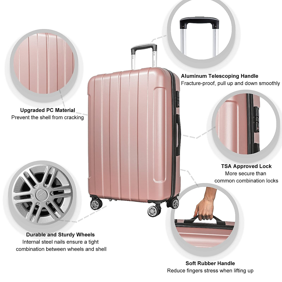 FOCHIER F Carry On Luggage Airline Approved with Spinner Wheels,PC+ABS, 20inch Hard Shell LIghtweight Small Travel Suitcase Carry-On Suitcase With Wheels & TSA Lock,Rose Gold