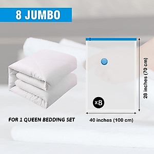 Vacuum Storage Bags, 8 Jumbo Space Saver Bags, Vacuum Sealer Bags for Clothes, Clothing, Comforters and Blankets, Compression Storage Bags with Hand Pump