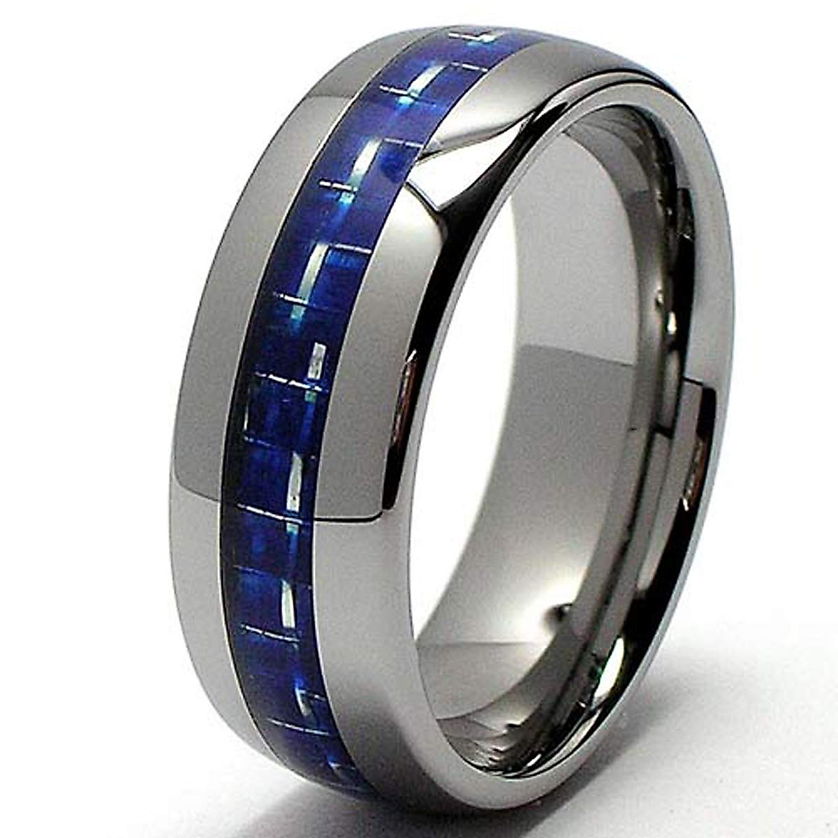 Metal Masters 8MM Dome Tungsten Carbide Ring Wedding Band W/Blue Carbon Fiber Inlay Size 8.5
