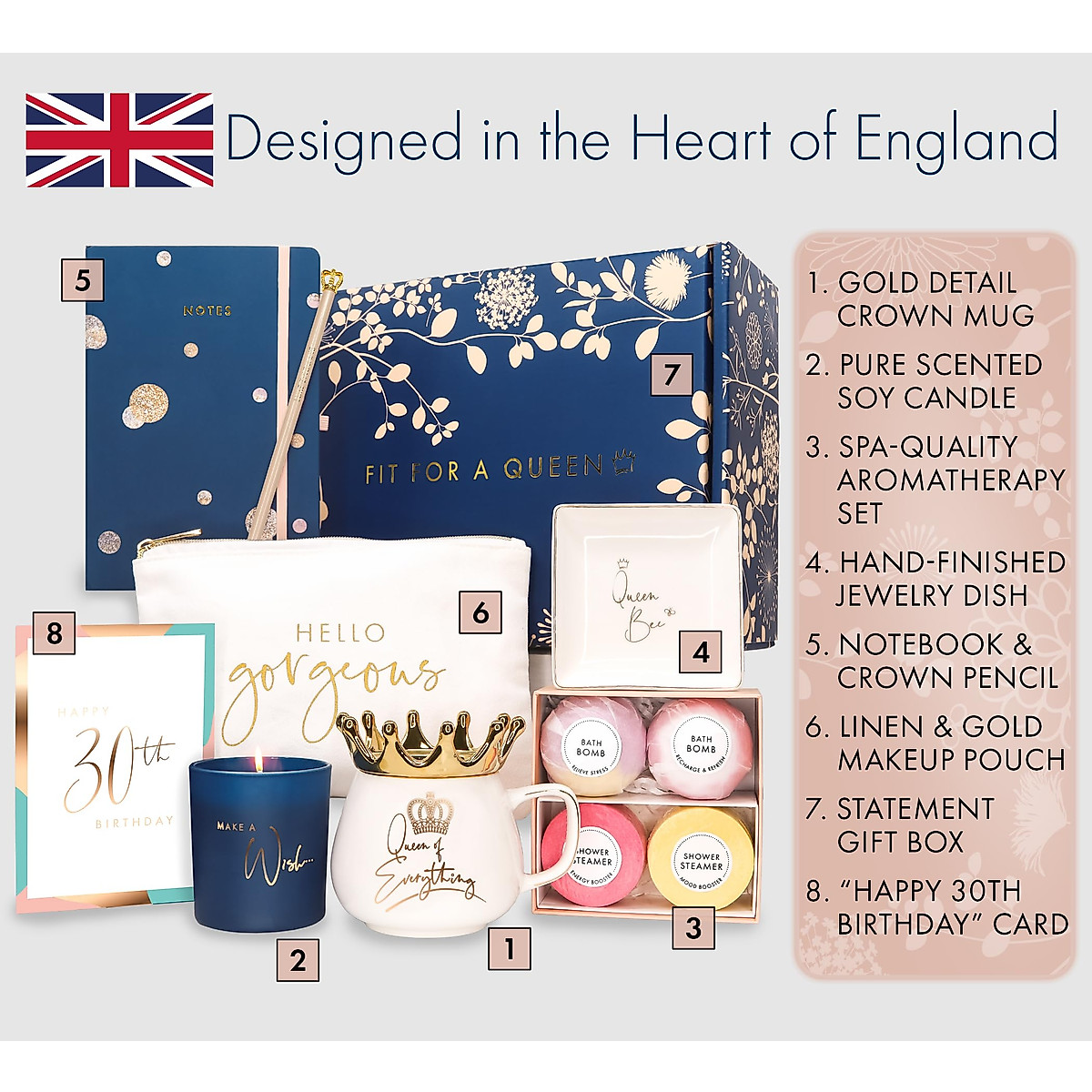 Luxe England Gifts Royal 30th Birthday Gift Basket for Women - Luxury 30th Birthday Gifts for Women Designed in Britain – High-end Unique 30th Birthday Gift Box for Women Friend, Wife, Mom, Sister