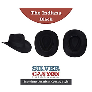 Men's Indiana Outback Fedora Hat Black Crushable Wool Felt by Silver Canyon, Black, Large