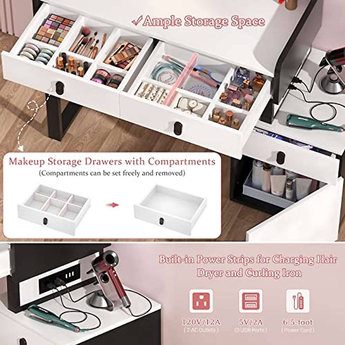 Vanity Desk with Lighted Mirror & Power Outlets, 44'' Makeup Vanity Set with Lights & 3 Drawers, Vanity Mirror with Lights Desk & Chair, Dressing Table with Reversible Cabinet & Stool, White & Black