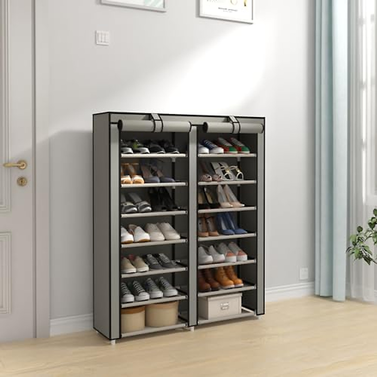 JIUYOTREE Double Row Shoe Rack Storage Organizer with Big Capacity,7-Tier Shoe Cabinet,Shelf,Closet with Nonwoven Fabric Cover for 28 Pairs of Shoes,Grey