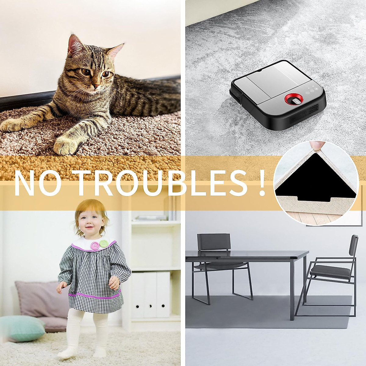 Rug Tape , 10 Pcs Double Sided Non Slip Reusable Rug Stopper, Washable Rug Tape for Hardwood Floors, Tile Floors, Carpets, Floor Mats, Wall (Black)