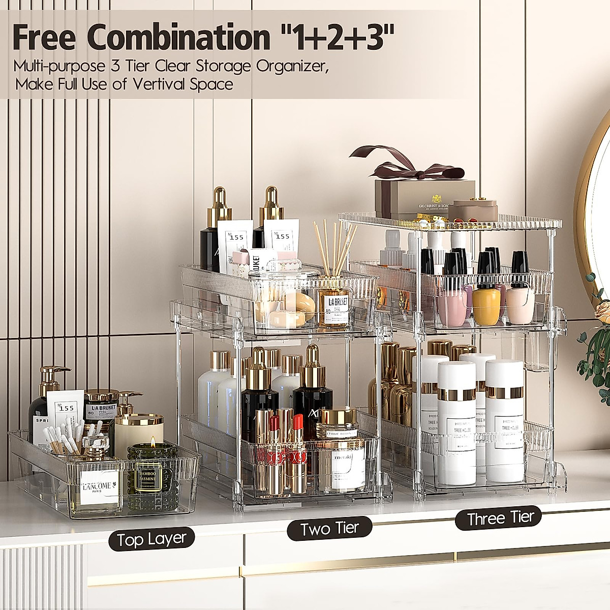 3 Tier Clear Bathroom Organizer, Under Sink Organizers Clear with Dividers, Multi Purpose Slide-Out drawers Organizer for Bathroom Pantry Organization and Storage, Medicine Cabniet Organizer 1 Pack