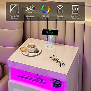 AMERLIFE Modern Nightstand Set of 2, LED Nightstand with Wireless Charging Station, High Glossy Bedside Table Cabinet with Remote Control, End Tables, 24.4" Bedroom Furniture, White