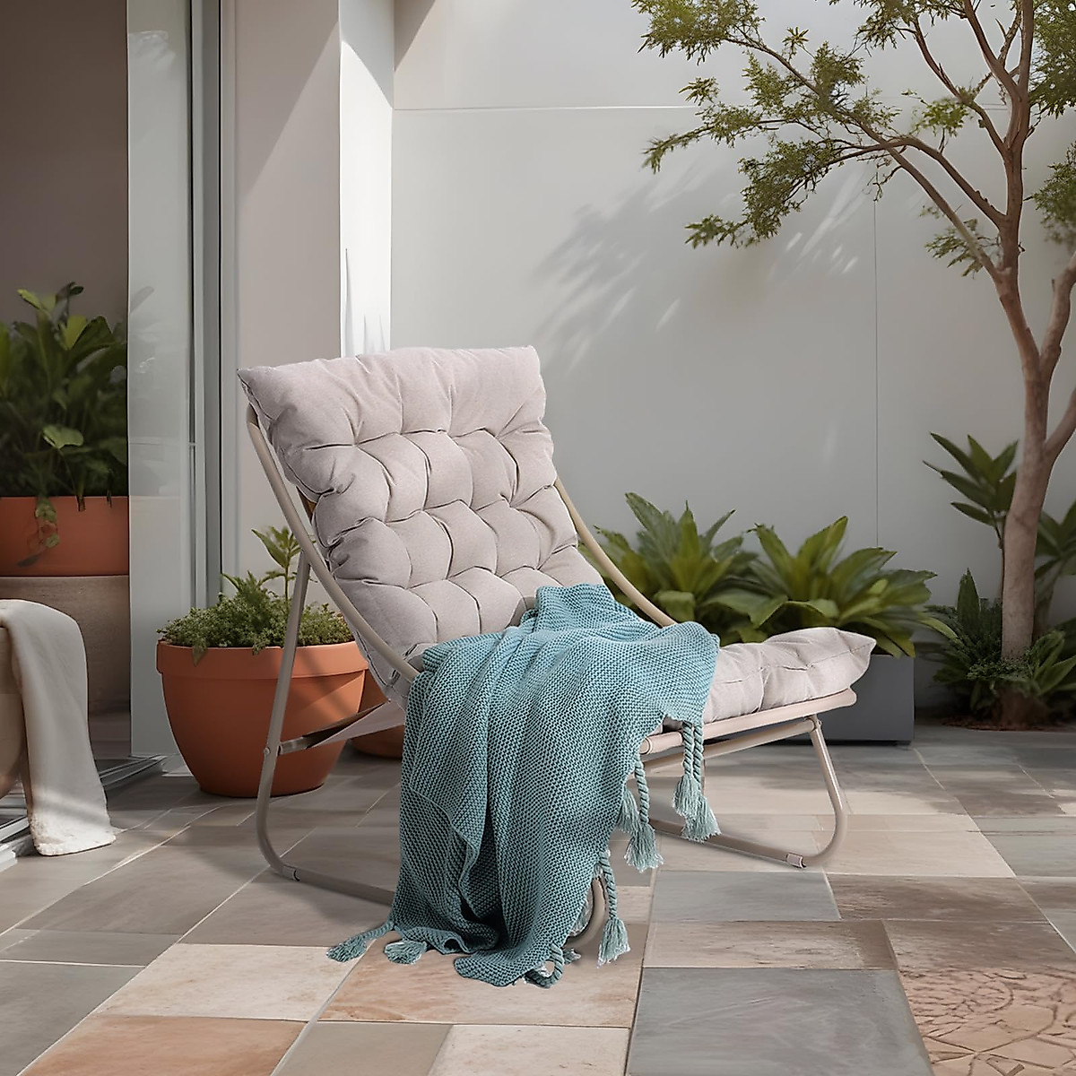 Olaterior Patio Lounge Chair, Indoor Outdoor Comfy Chair, Sling Recliner Chair with Cushion, Modern Oversized Padded Lounge Chair, Patio Furniture Chair for Balcony Porch Garden, Champagne