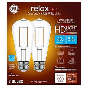 (2-Pack) GE Relax LED Vintage 60 watt equivalent ST19 Soft White Dimmable Decorative Light Bulb