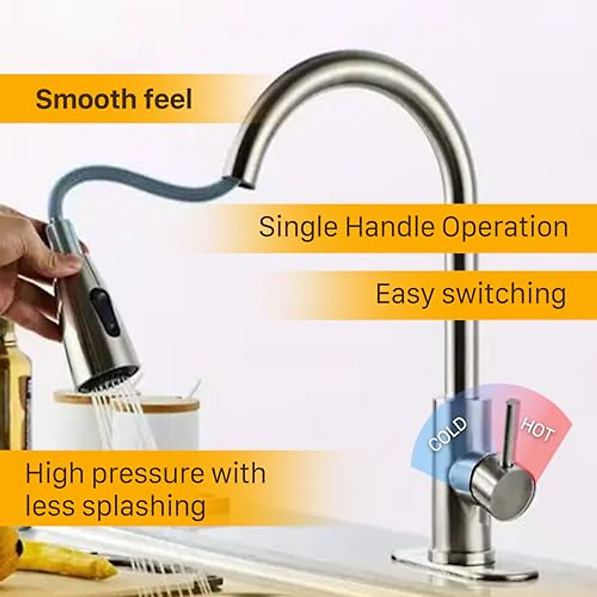 Generic Kitchen Faucet with Extendable Sprayer, Single Handle Hot and Cold Water Kitchen Faucet, Stainless Steel Faucet, Three Use Modes Faucets, Brushed Finish