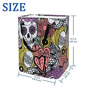 Mexican Skull Flower Print Collapsible Laundry Hamper, 60L Waterproof Laundry Baskets Washing Bin Clothes Toys Storage for Dorm Bathroom Bedroom